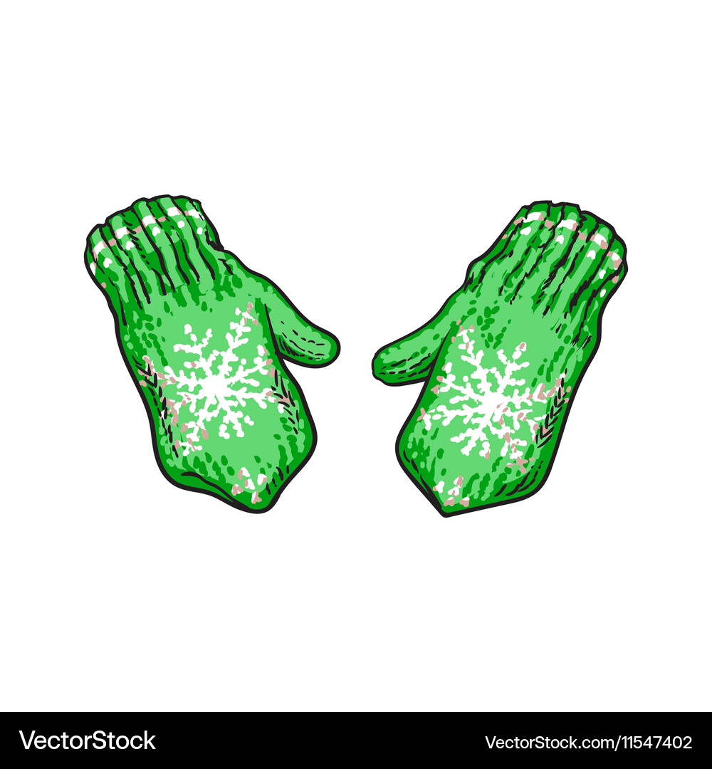 Pair bright green winter knitted mittens Vector Image