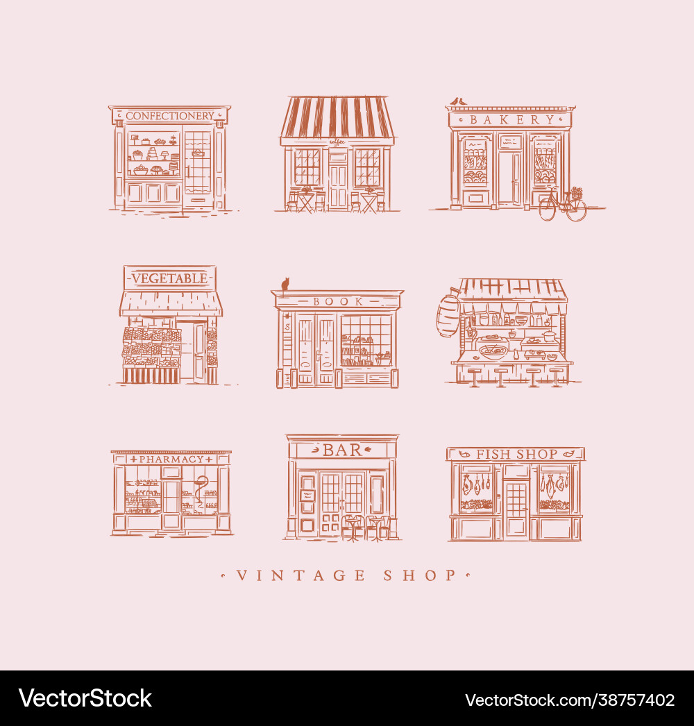 Set vintage cafe and shops peach Royalty Free Vector Image