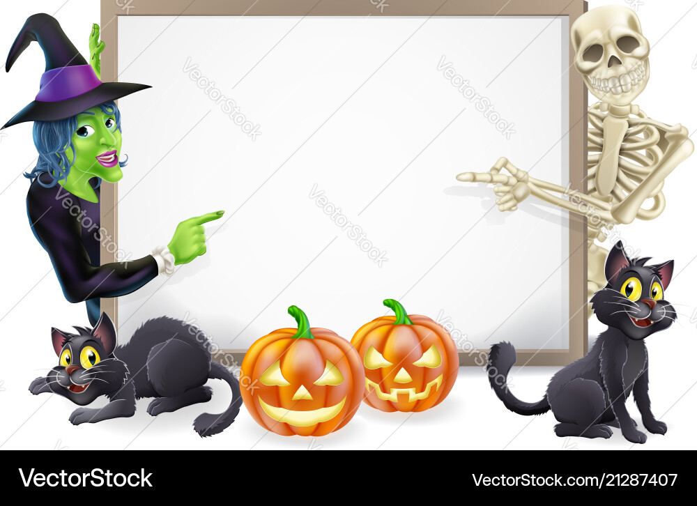 Halloween sign with skeleton and witch Royalty Free Vector