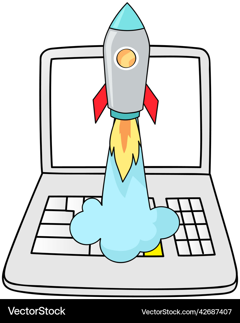 Rocket startup symbol on laptop start of project Vector Image