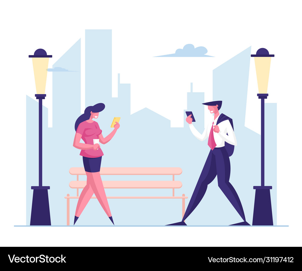 Business people use mobile phones while walking Vector Image