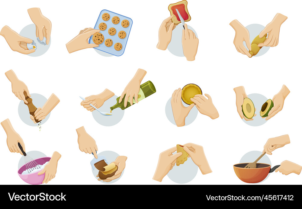 Set human hands preparing food cooking utensils Vector Image