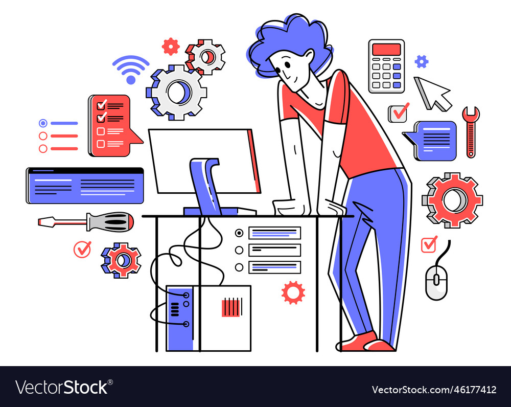 Technician computer engineer repairing pc outline Vector Image