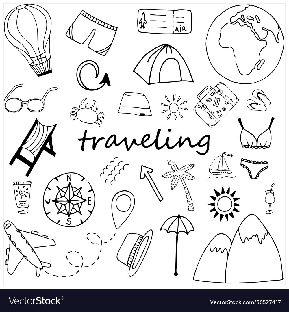 Doodle travel set with hand drawn isolated Vector Image