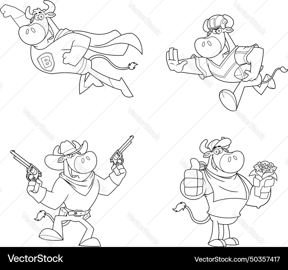 Outlined bull cartoon character collection set Vector Image