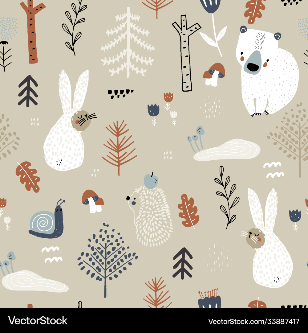 Seamless childish woodland pattern with bunny Vector Image