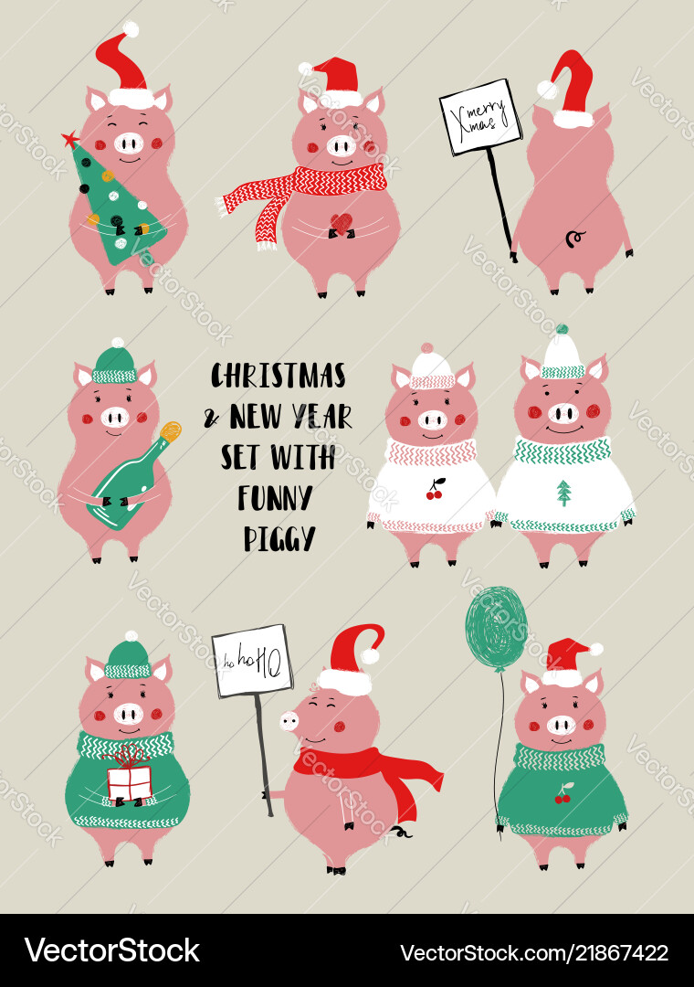 Christmas set with cute pig Royalty Free Vector Image