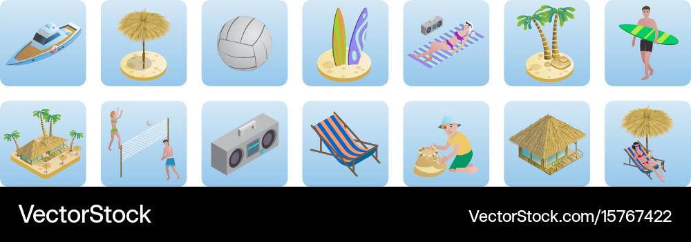 Isometric summer beach vacation icons set Vector Image