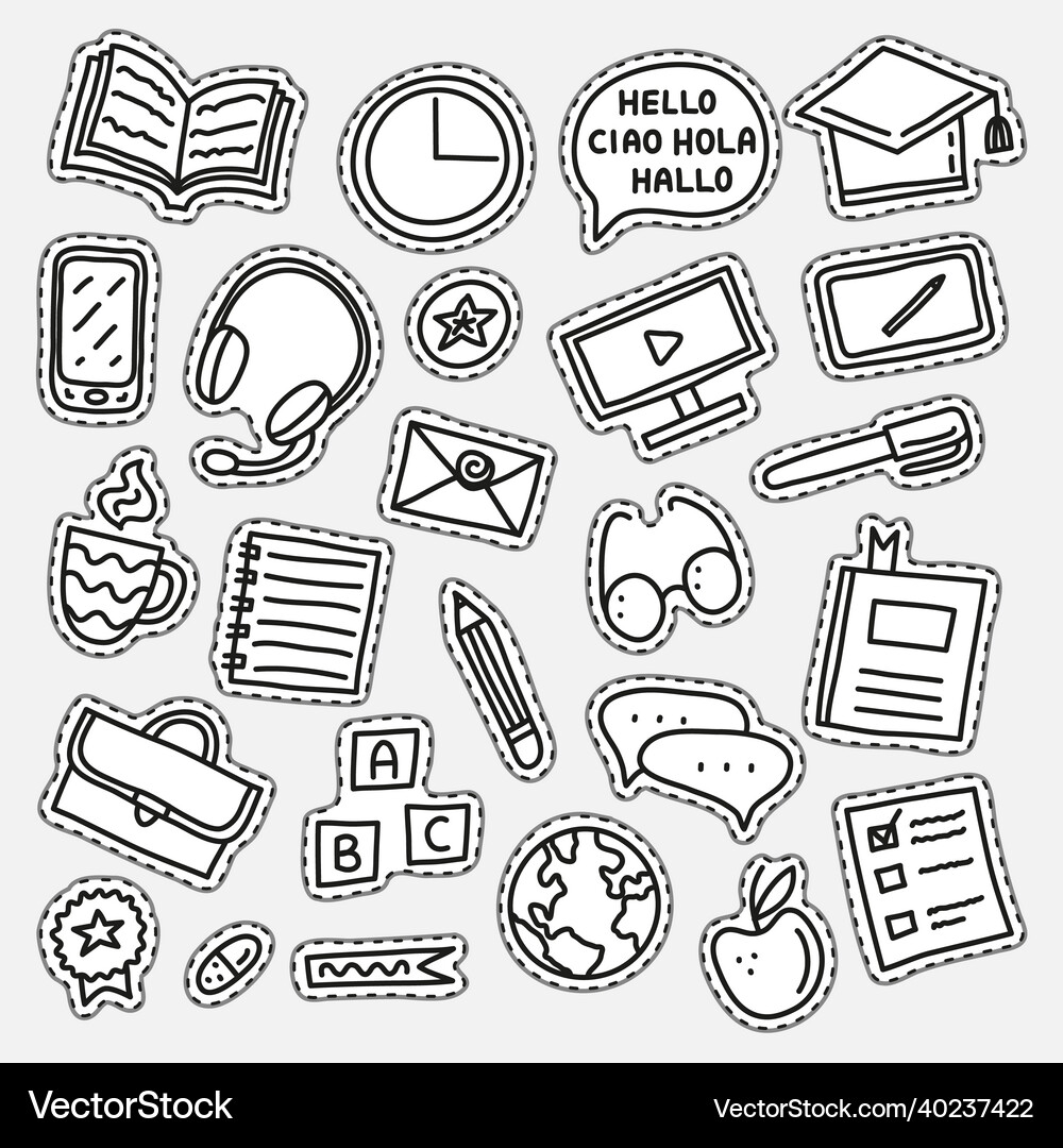 Set of language courses doodle stickers Royalty Free Vector