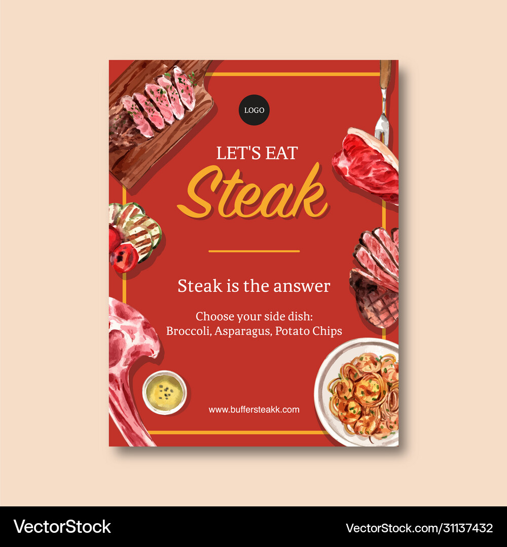 Steak poster design with spaghetti steak tomato Vector Image