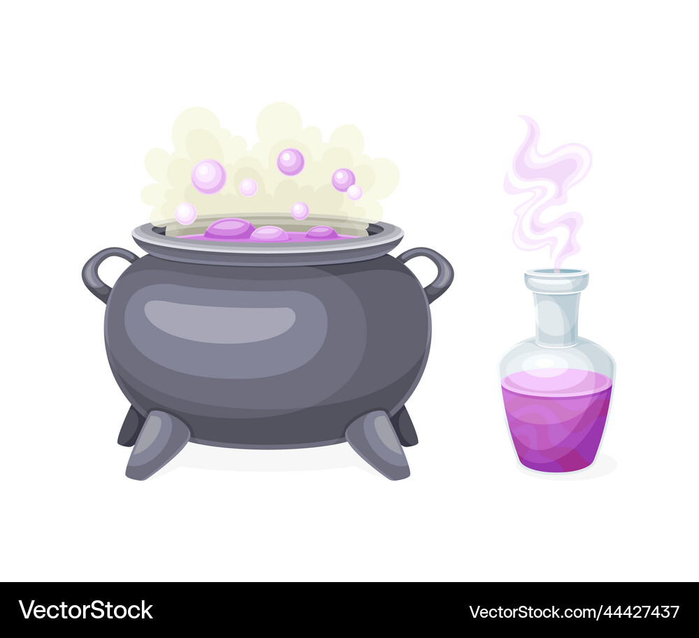 Boiling witch cauldron and glass jar with poison Vector Image