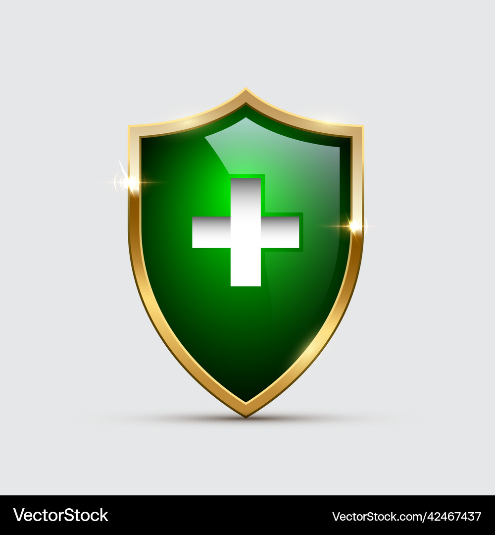 Glass green shield with golden frame and white Vector Image