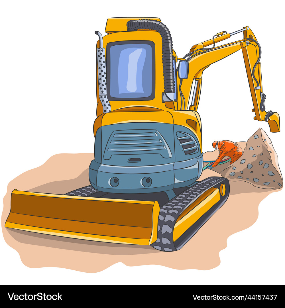 Yellow crawler mini excavator digs a trench Vector Image