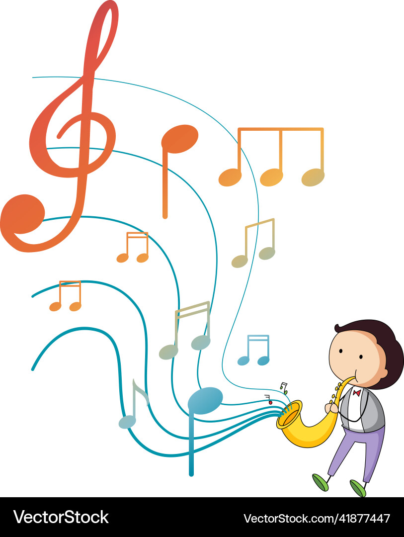 A little boy blowing saxophone with music notes Vector Image