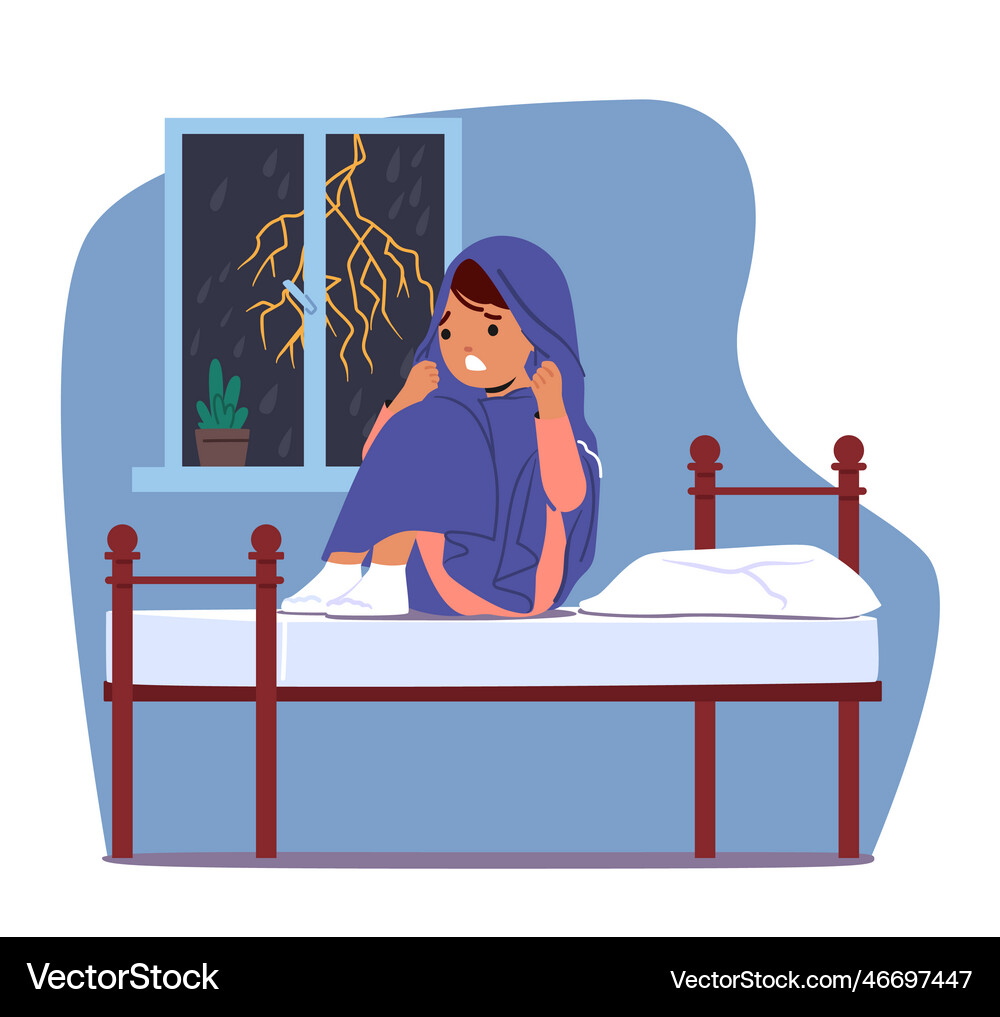 Child character sits in bedroom under blanket Vector Image