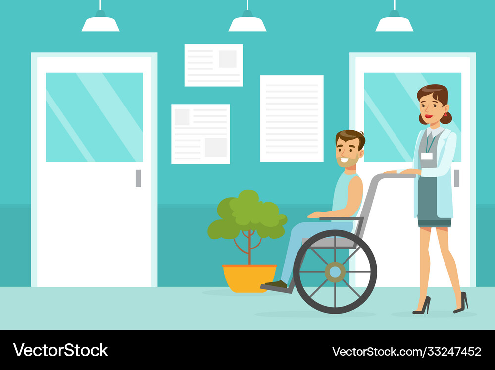 Doctor or nurse pushing disabled patient Vector Image