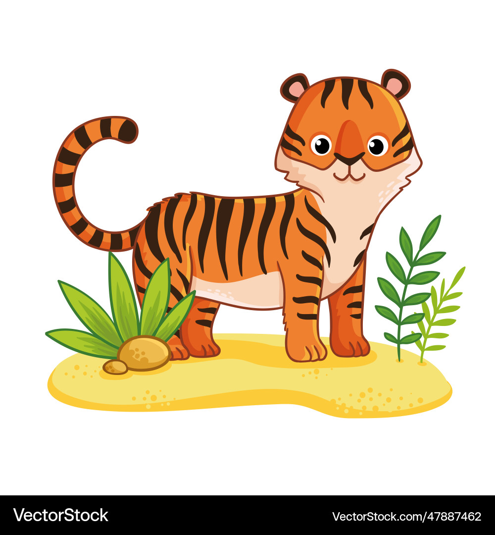 Cute tiger stands on a sandy meadow white Vector Image