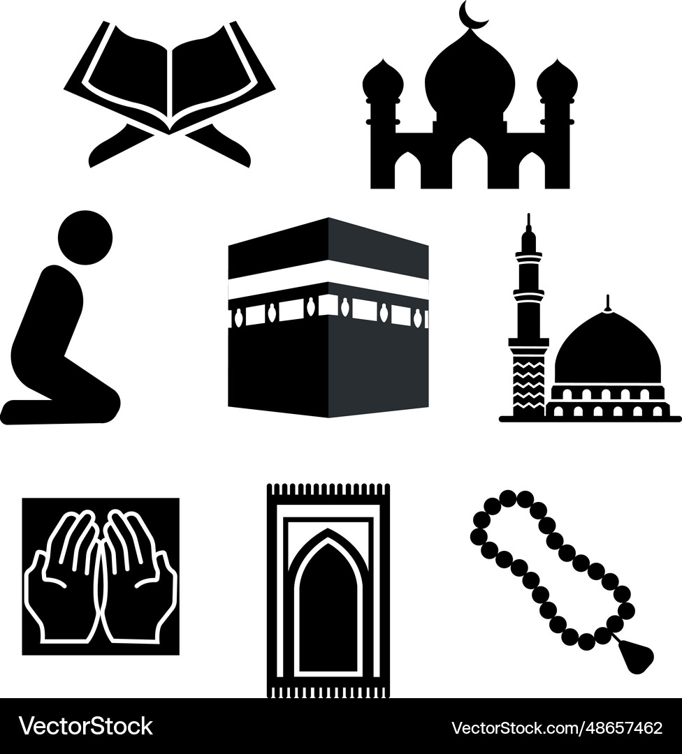 Islamic religion prayer black icon set isolated Vector Image