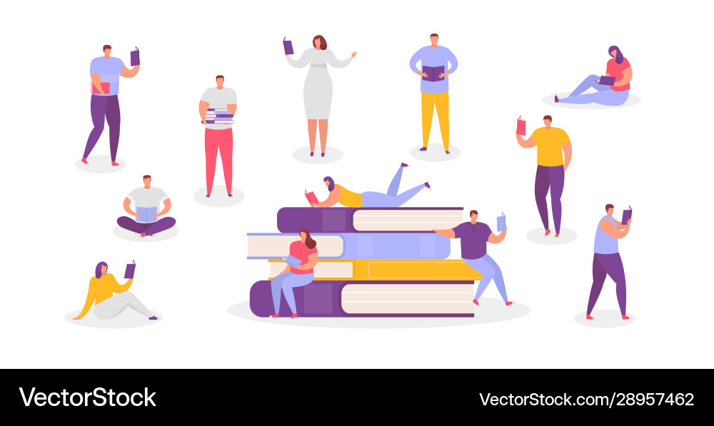 Reading people and giant books Royalty Free Vector Image