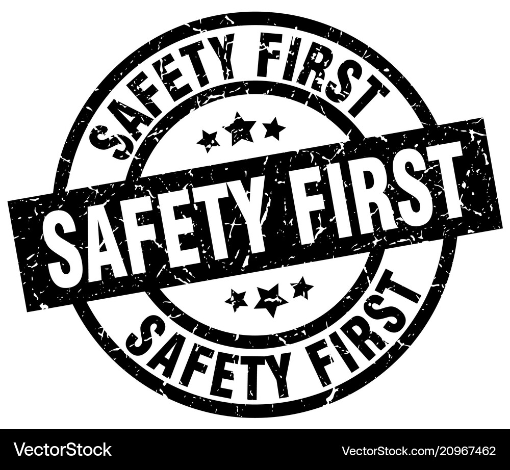 Sicherheit erste Runde Grunge schwarz Stempel Vektorbild