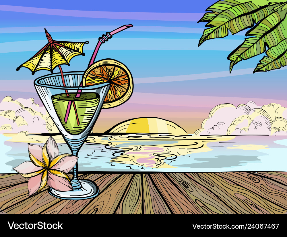 Cocktail on beach at sunset summer time Royalty Free Vector