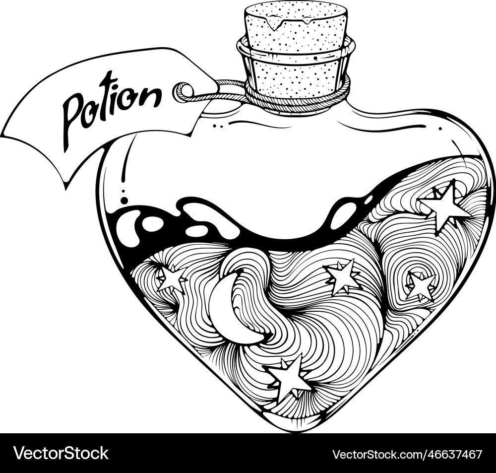 Heart shaped vial with magic liquid line art Vector Image