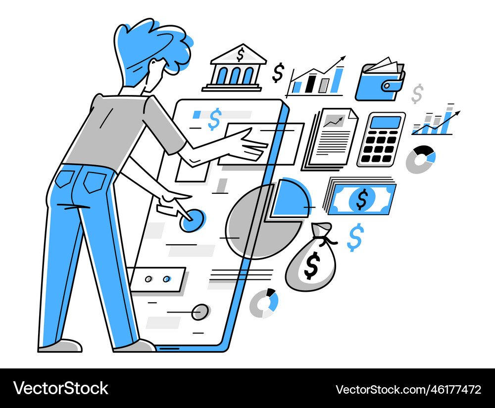 Financier working with finances online outline Vector Image