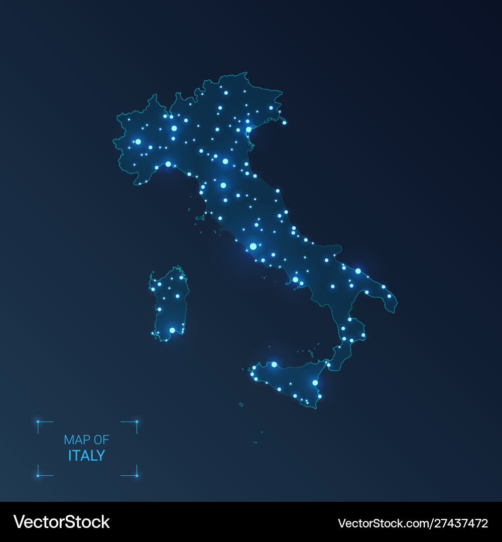 Italy map with cities luminous dots - neon lights Vector Image