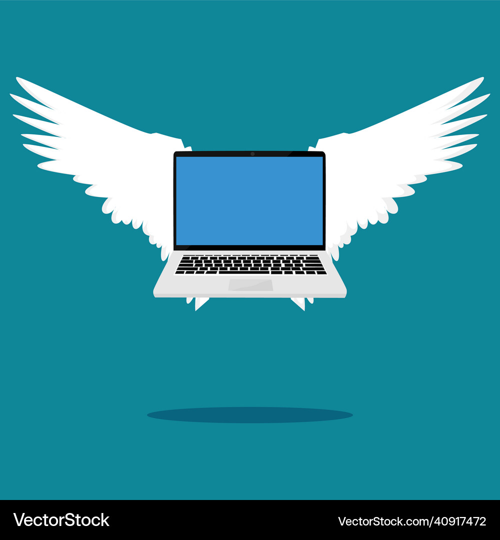 Laptop with flying wings independent technology Vector Image