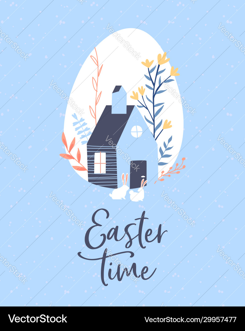 Happy easter card spring farm house with rabbits Vector Image