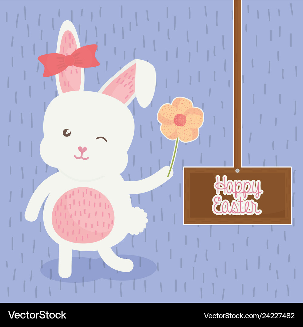 Cute rabbit with flowers and easter label Vector Image