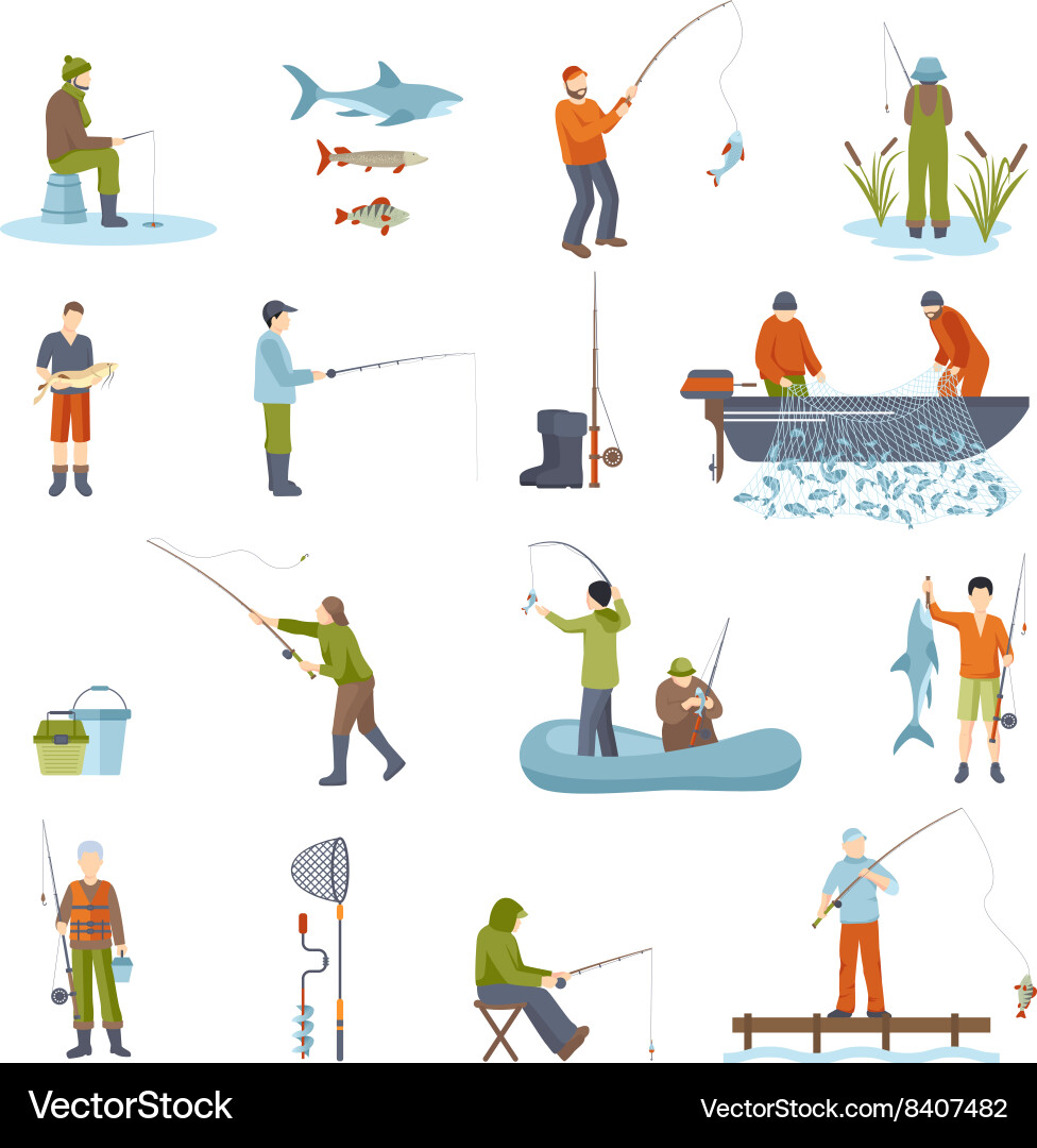 Fishing People Fish And Tools Icons Set Royalty Free Vector