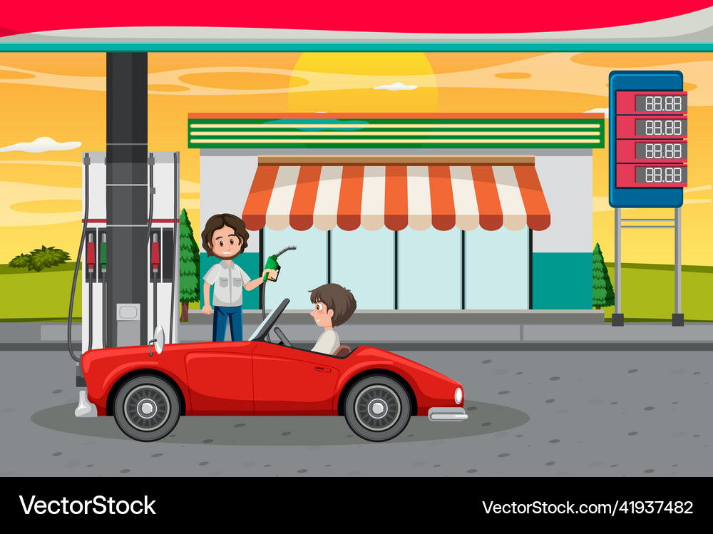 Gas station cartoon scene Royalty Free Vector Image