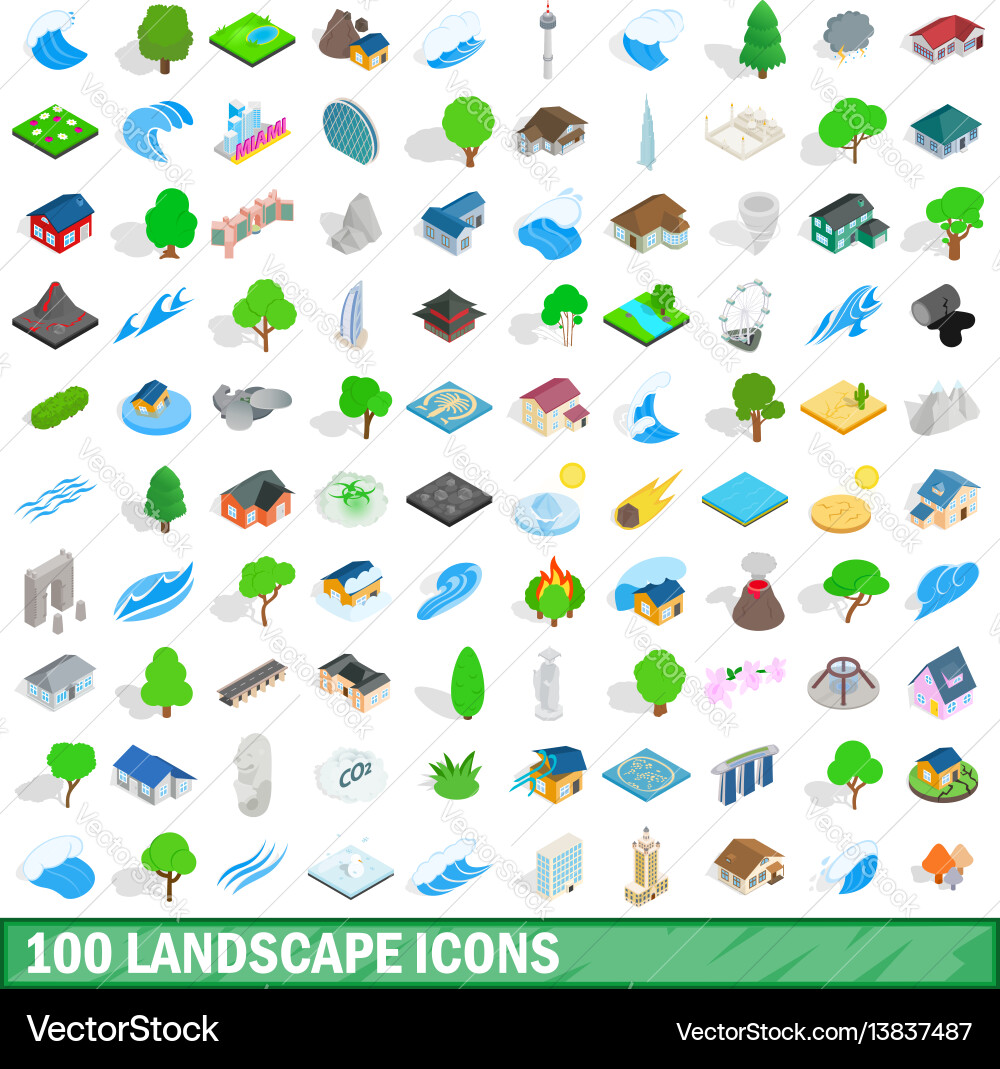 100 landscape icons set isometric 3d style Vector Image