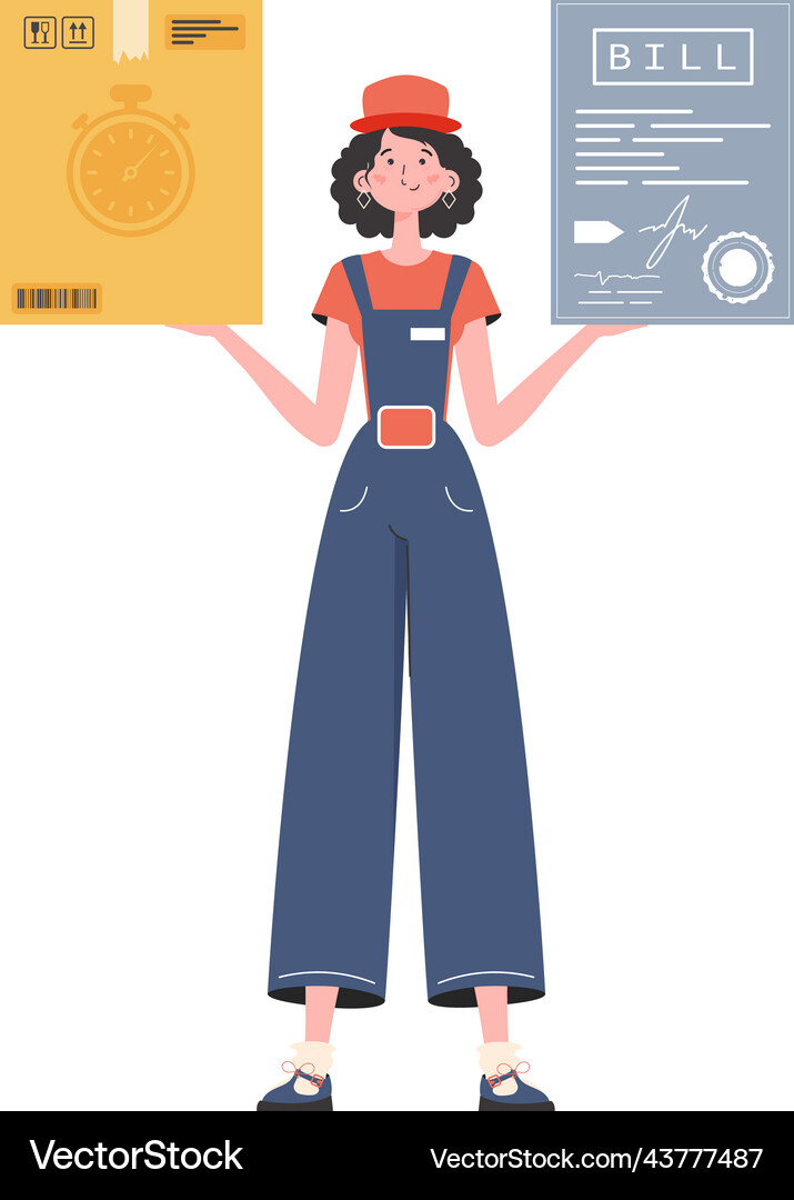 A woman courier is holding parcel and check Vector Image