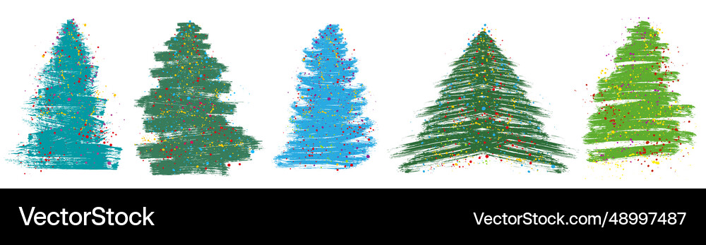 Christmas tree grunge brush drawing art set Vector Image