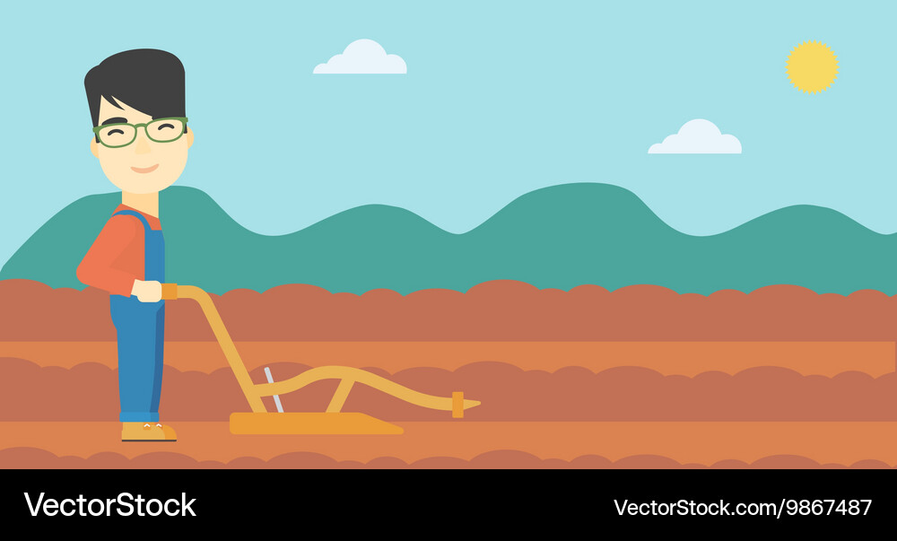 Farmer on the field with plough Royalty Free Vector Image