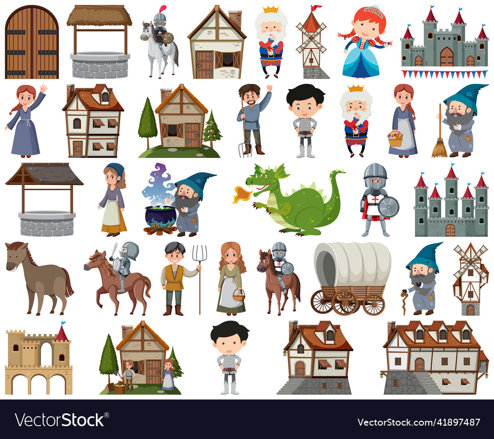 Medieval characters buildings set Royalty Free Vector Image