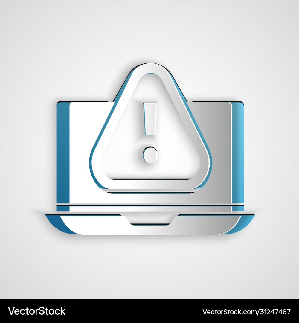 Paper cut laptop with exclamation mark icon Vector Image