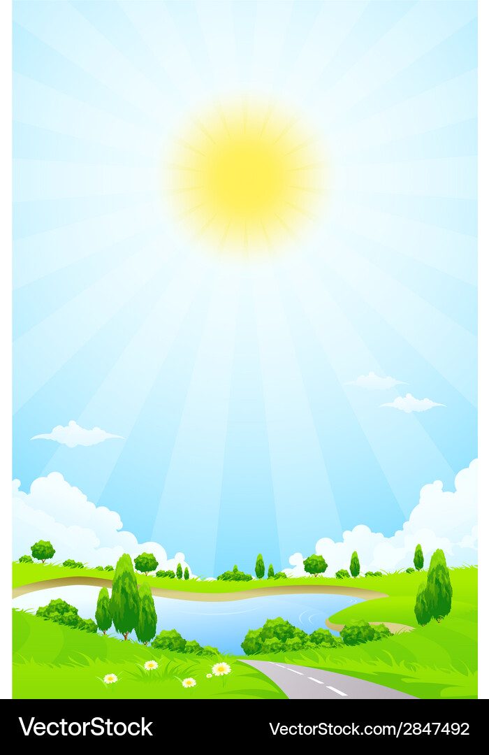 Green landscape with lake trees and clouds Vector Image