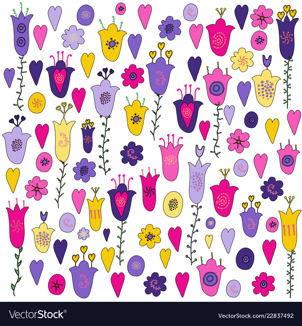 Hand drawn flowers hearts and leaves doodle Vector Image