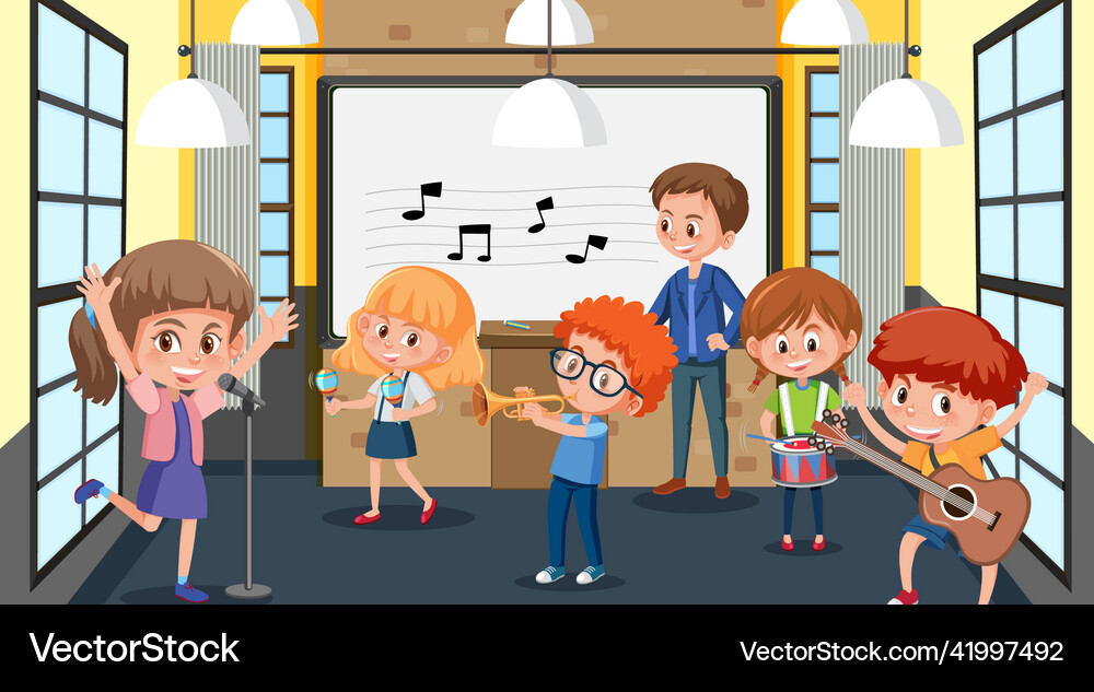 School music classroom with student kids Vector Image