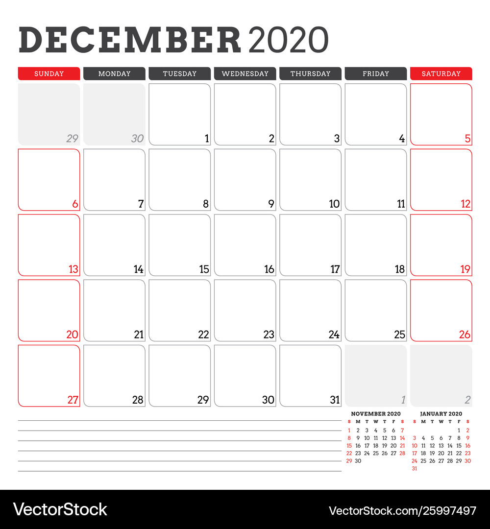 Calendar planner for december 2020 week starts Vector Image