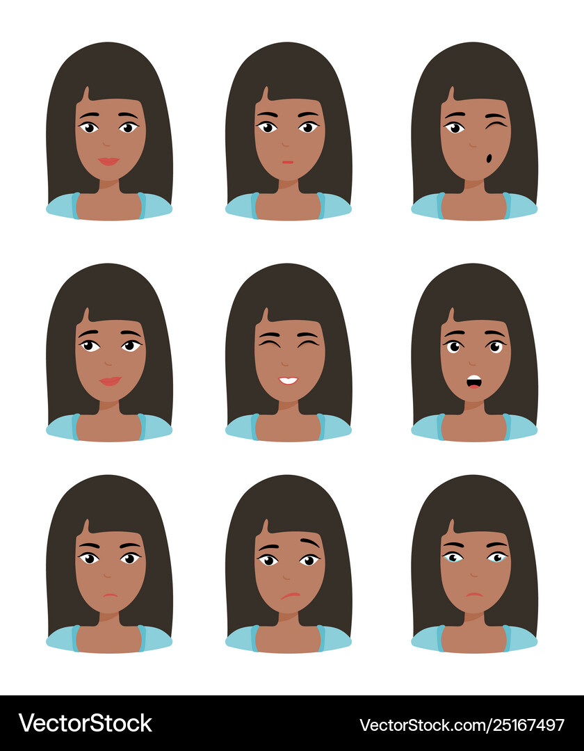 Female young character face with different emotion