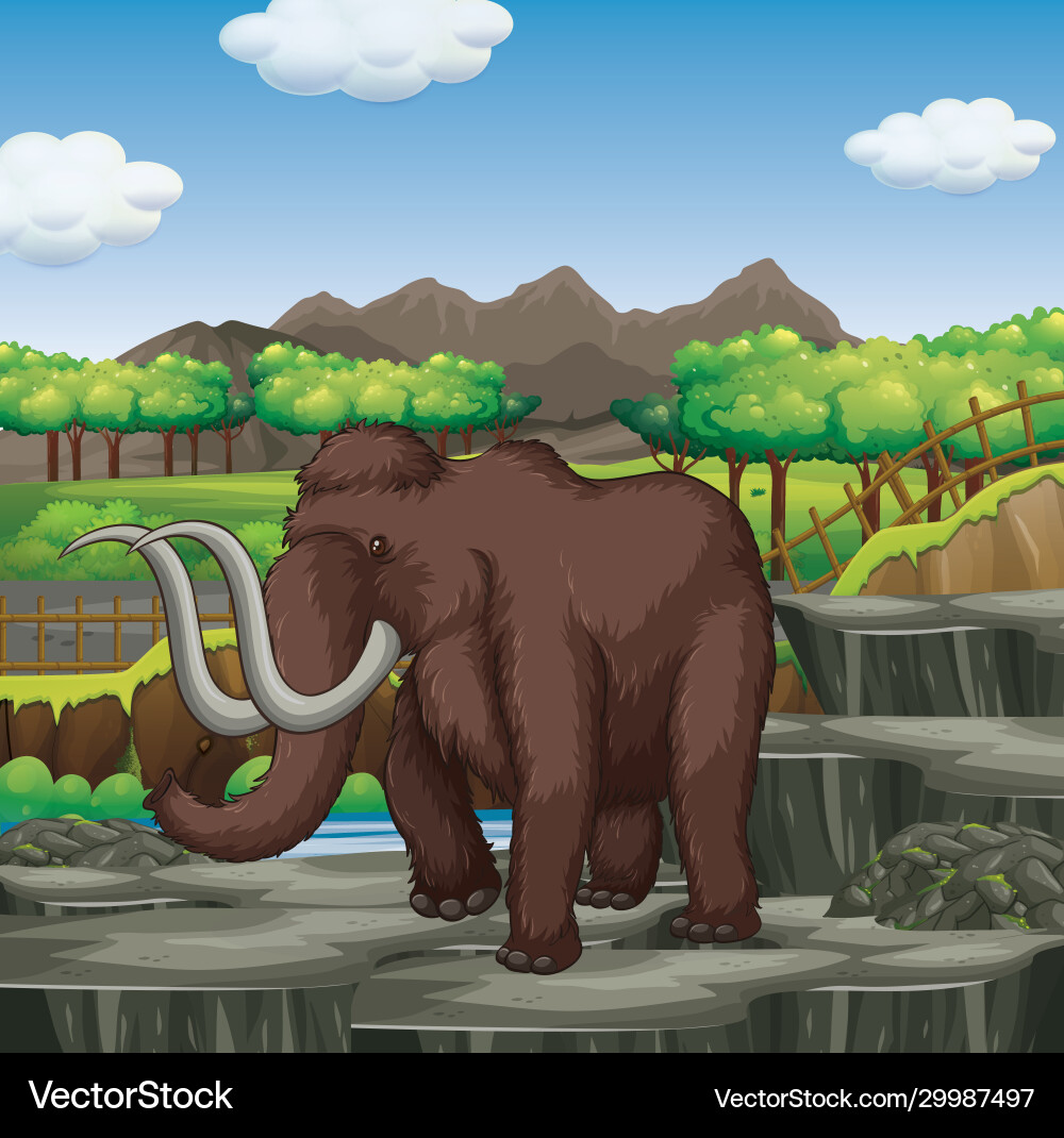 Scene with woolly mammoth in forest Royalty Free Vector