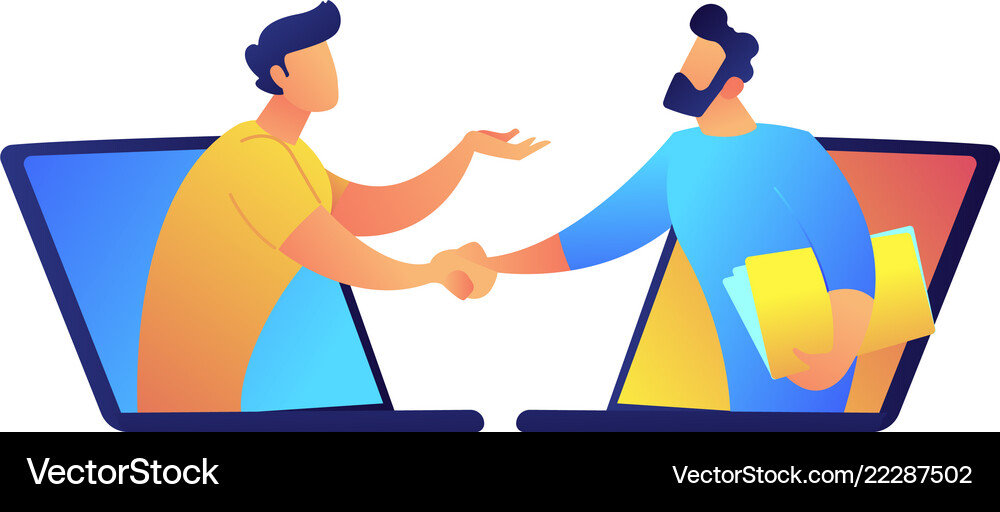 Two businessmen talking through laptop screens Vector Image