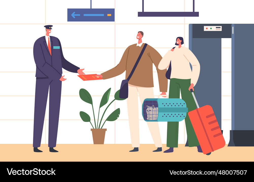Border crossing with cat travelers cautiously Vector Image