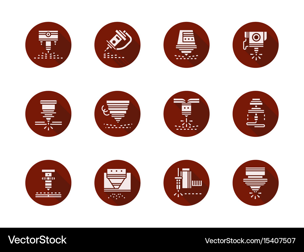 Laser machine heads round red icons set Royalty Free Vector