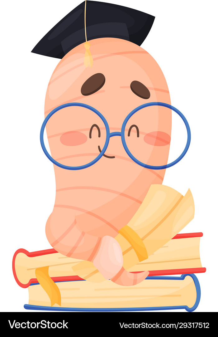 Bookworm character sitting on pile books Vector Image