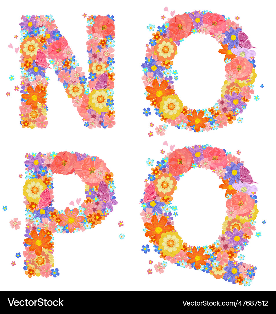 Cheerful floral font alphabet with perching Vector Image